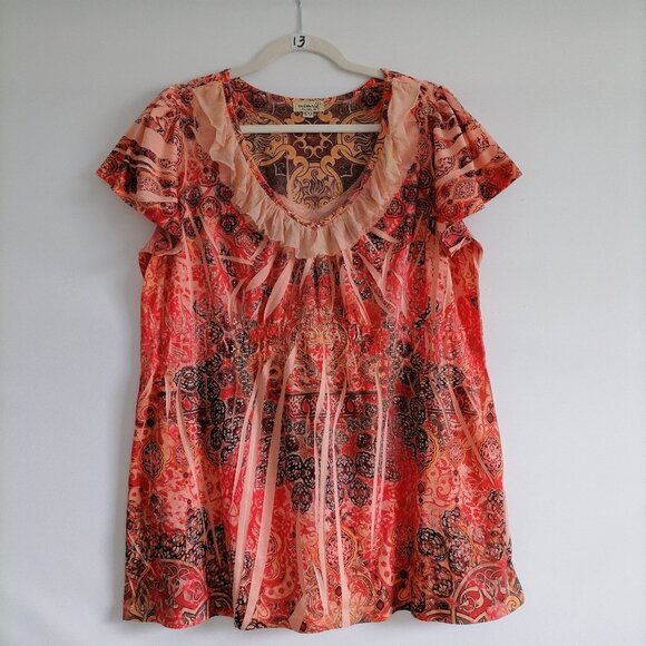 ONE WORLD | Tops | One World Womens Red Ruffle Trim Vneck Floral Print ...